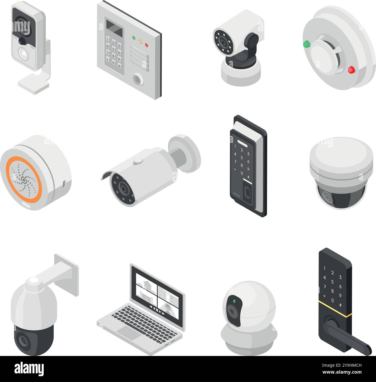 Home security isometric elements. Cctv, camera, signaling and code ...