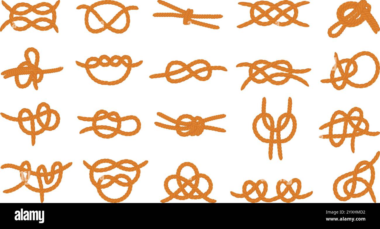 Cartoon isolated rope knots. Sailing boating braided cords, lasso from ...