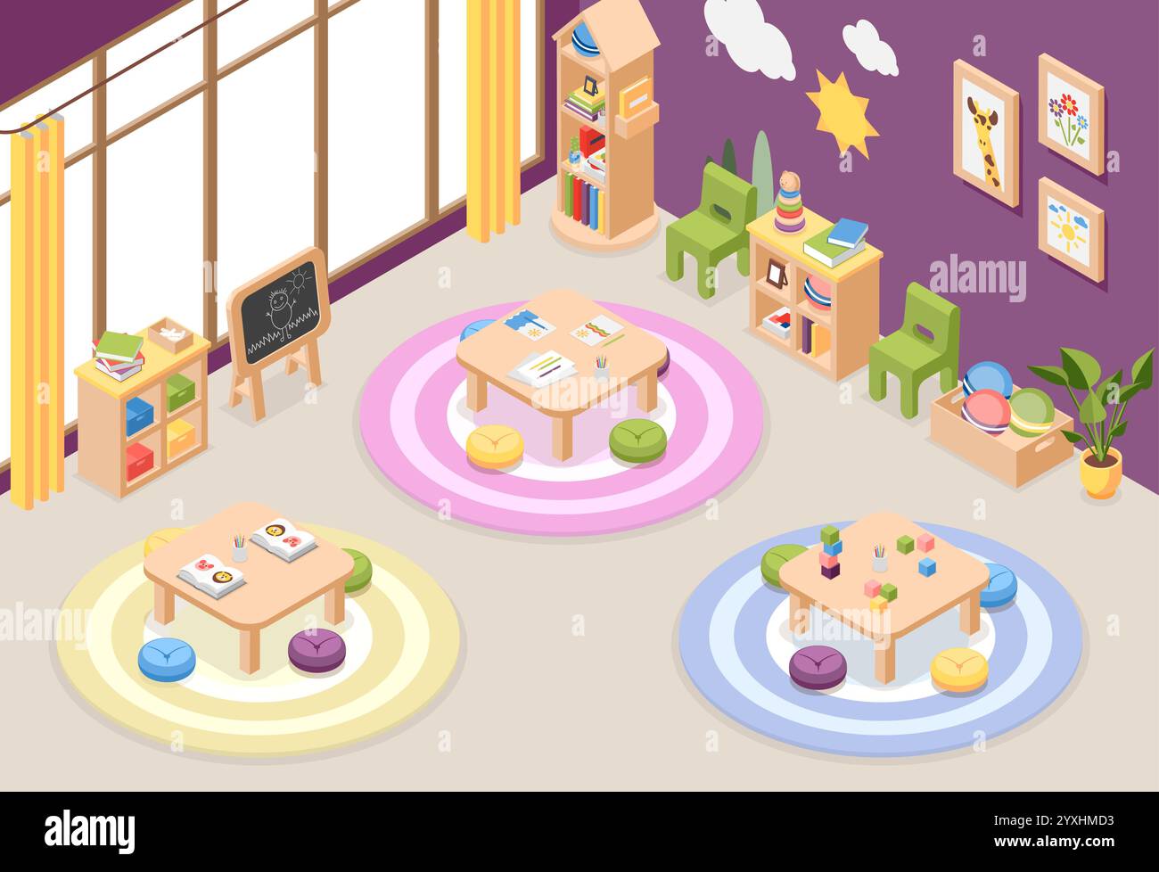 Isometric playroom interior. Kindergarten zone for play and rest time ...