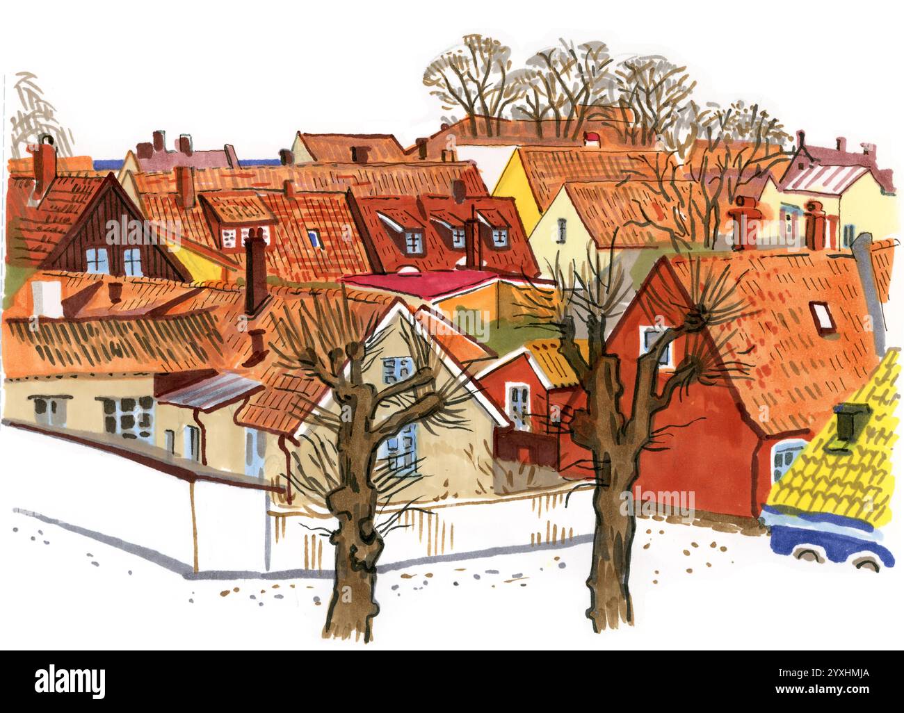 Red brick rooftops of Simrishamn, a cute picturesque coastal town in ...