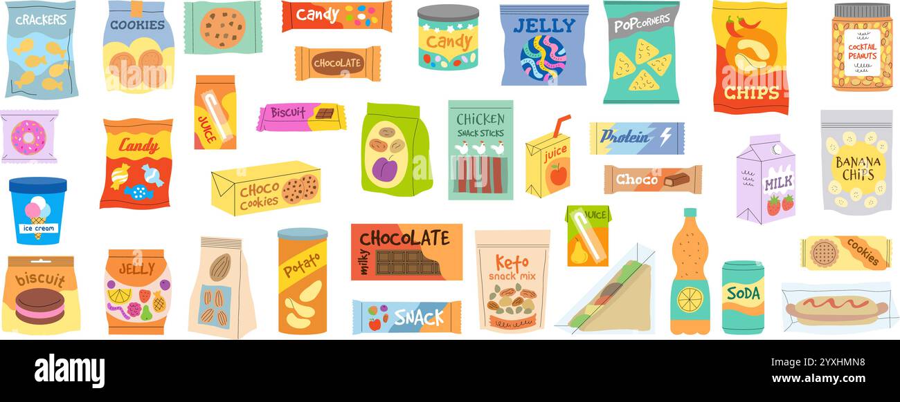 Snack products. Junk food in packages crisps candies different cold ...