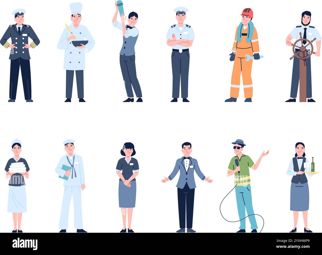 Yacht team. Ship or sail boat crew flat characters. Captain, sailor ...