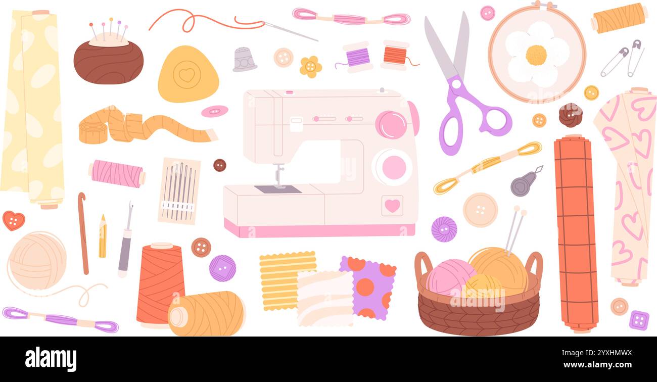 Sewing hand made design. Tools for sew, needles pins threads measuring ...