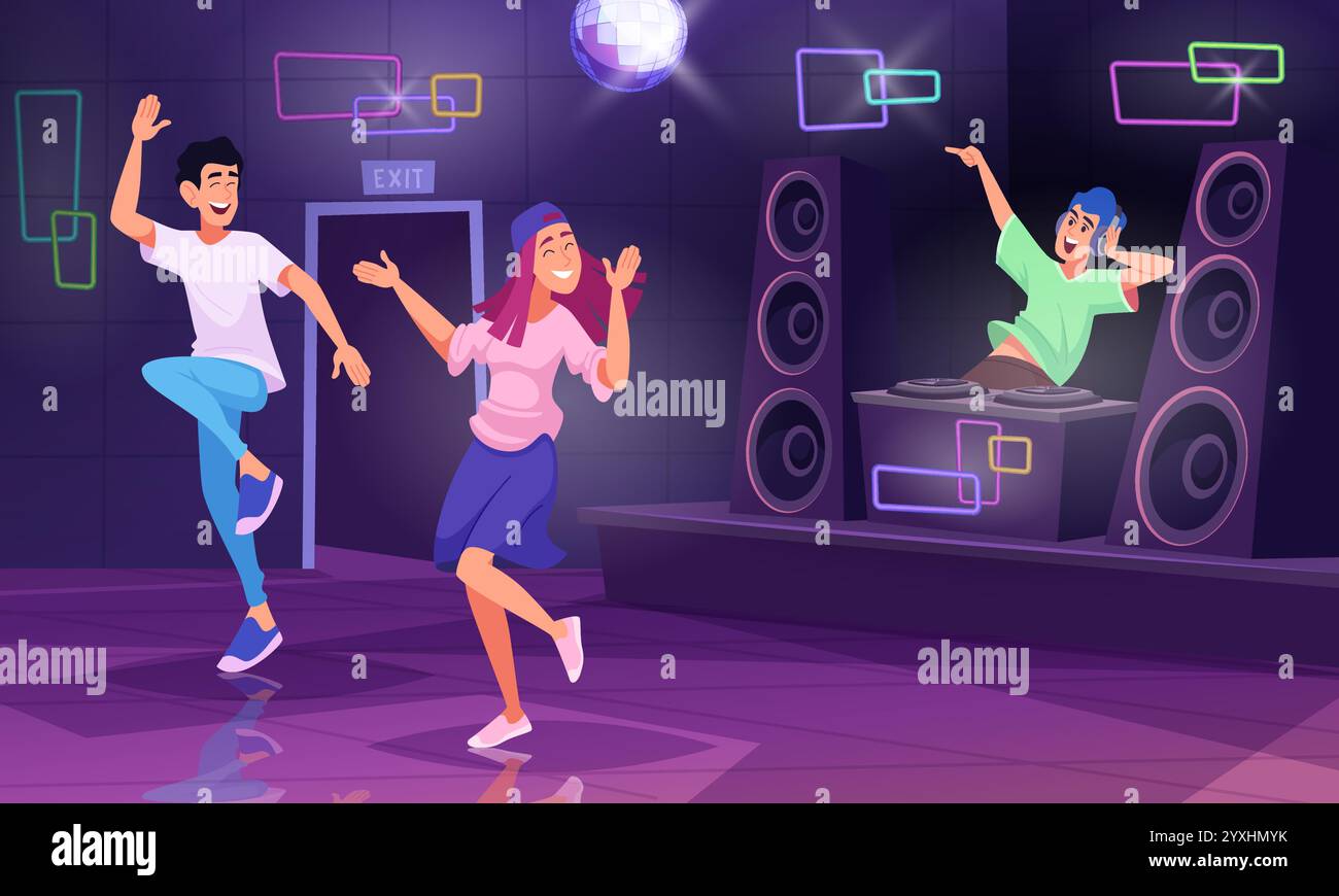 Dj background. Party in night club with active dancers and dj musicians ...