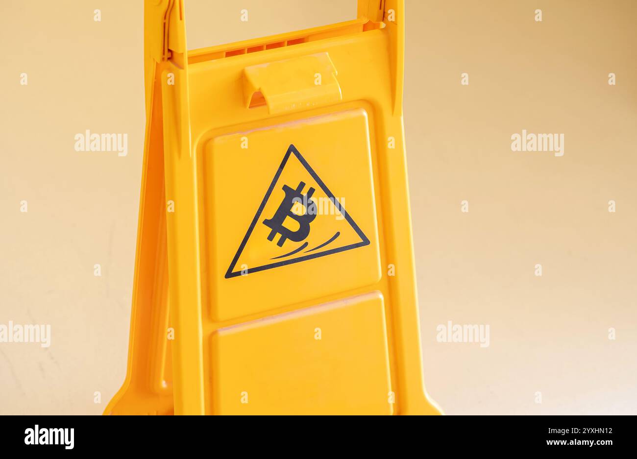 Bitcoin symbol icon slipping falling over warning sign crypto rug pull ...