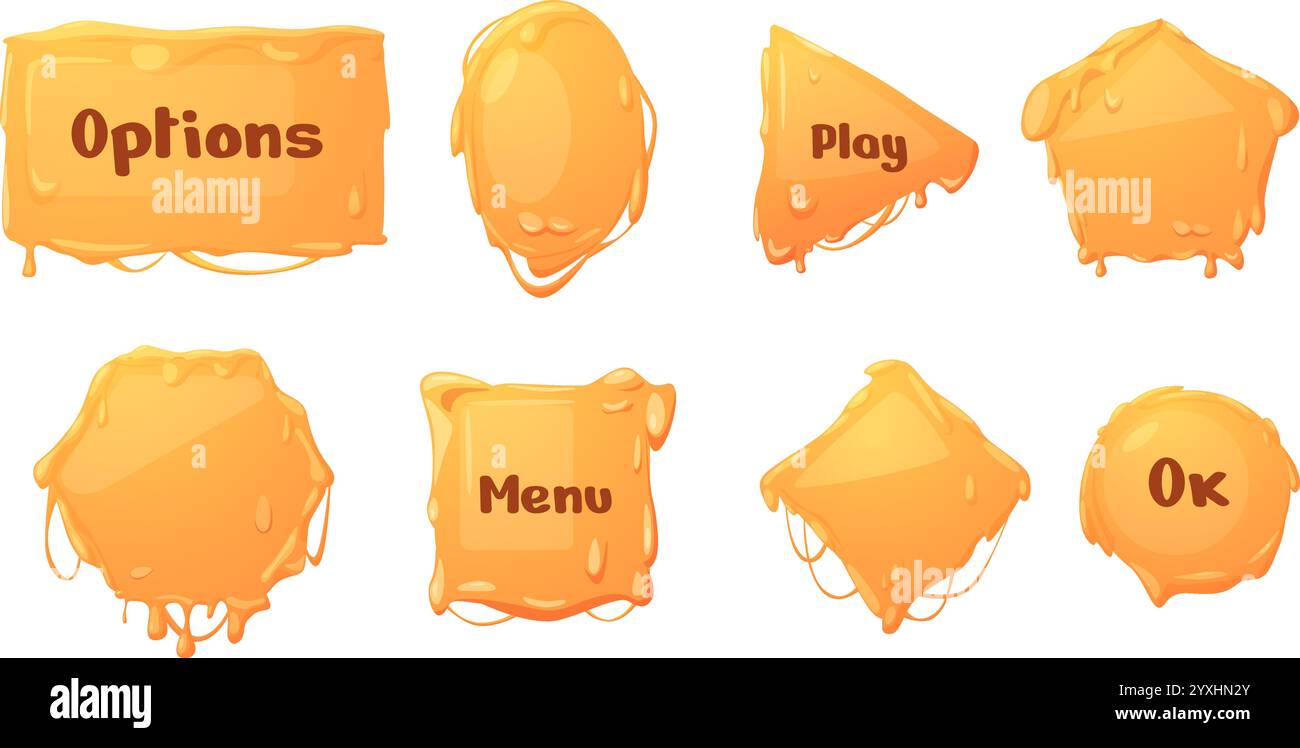 Cheese buttons. Melting cheddar emmental gouda ui design elements. Game ...