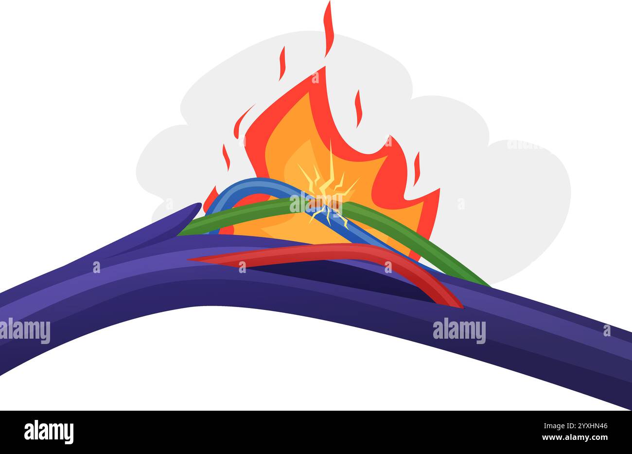 Short circuit background. Broken damaged copper wire with fire flame ...