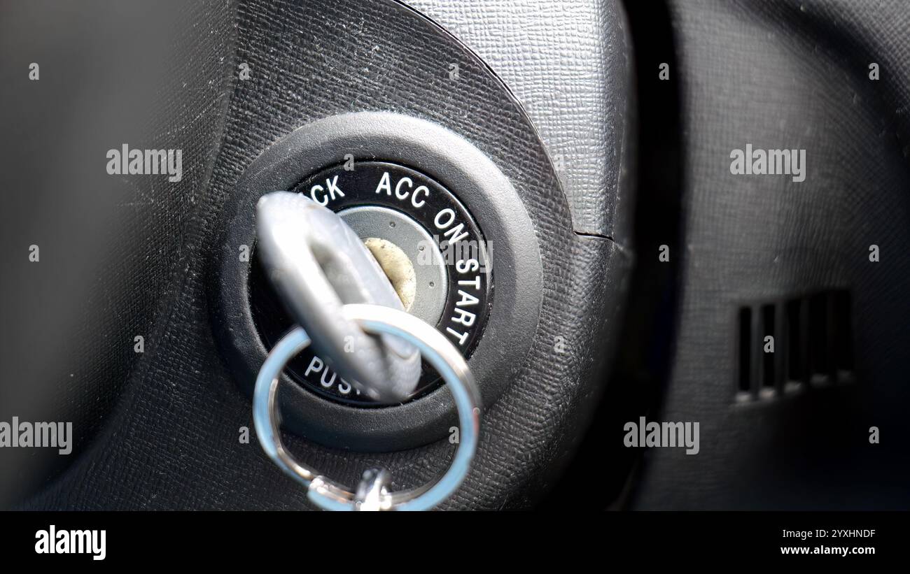 Car ignition with key inserted in lock, close-up of vehicle ignition ...