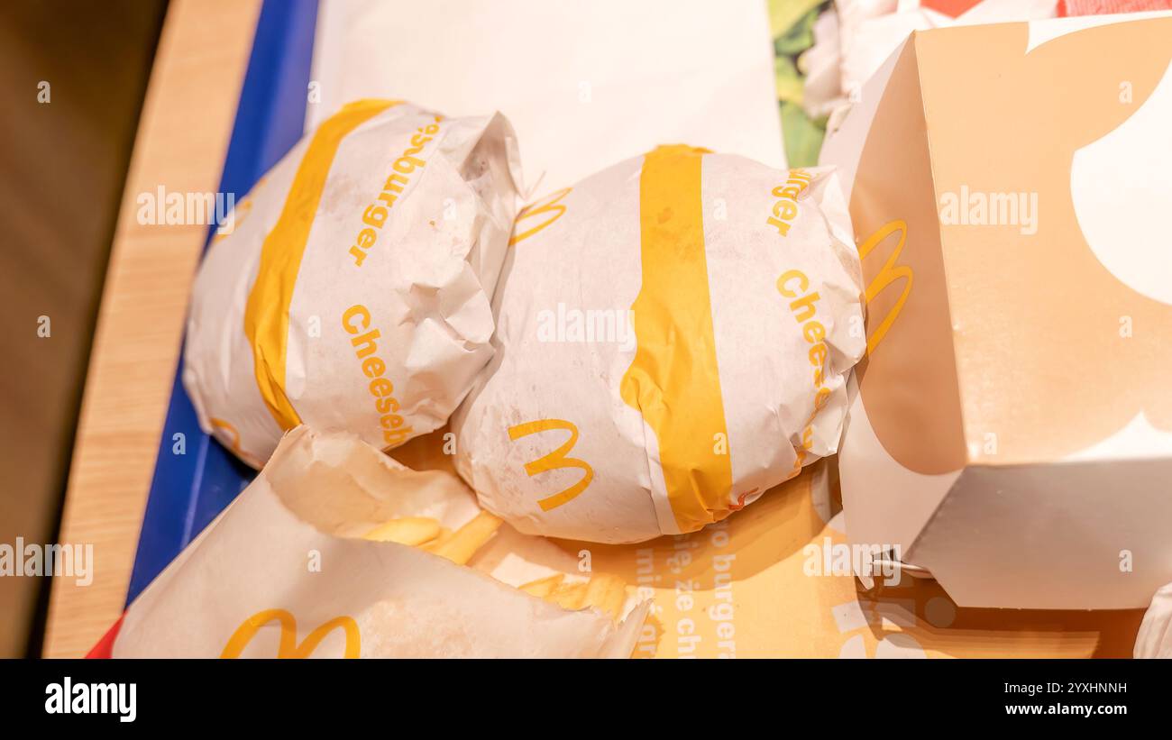 Two McDonald's cheeseburgers wrapped in paper packaging on a tray ...