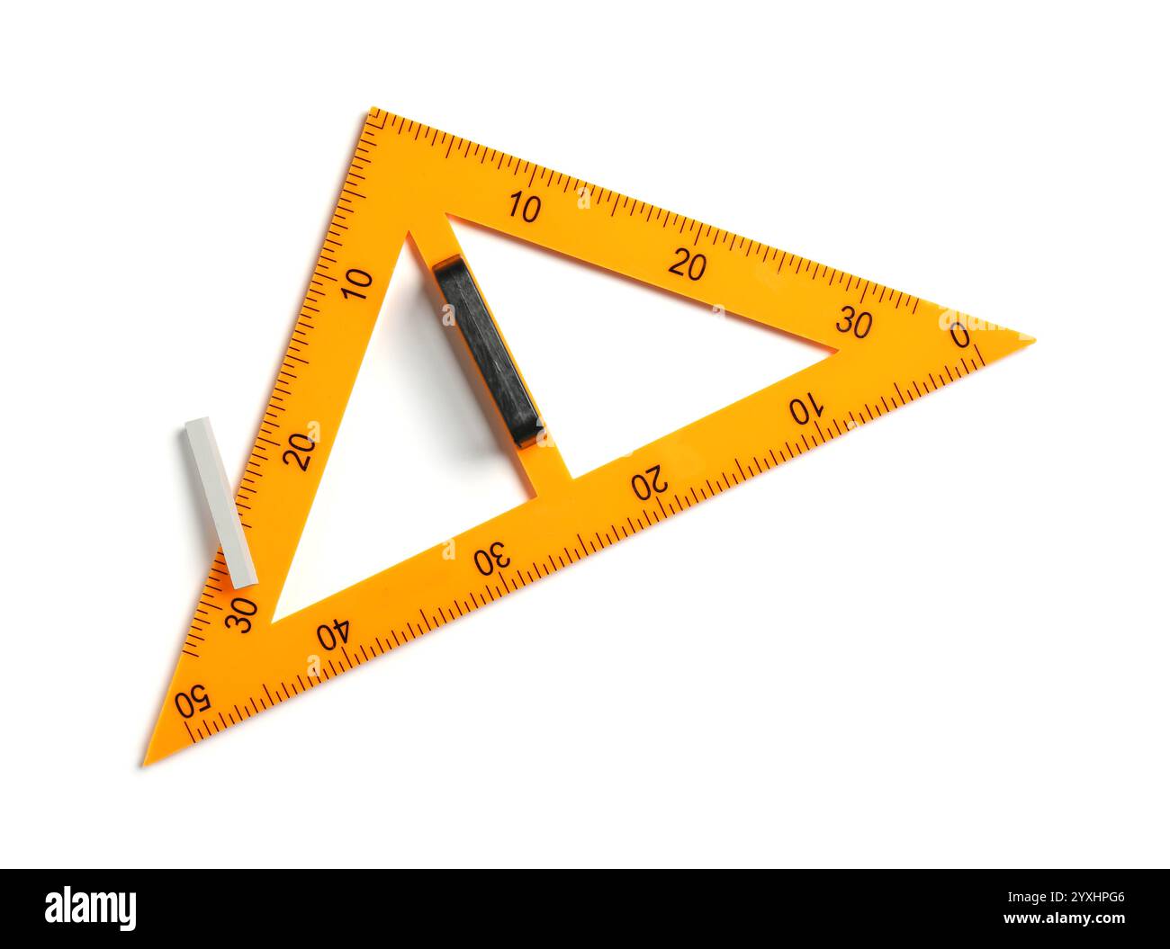 Triangle ruler and chalk isolated on white, top view Stock Photo - Alamy