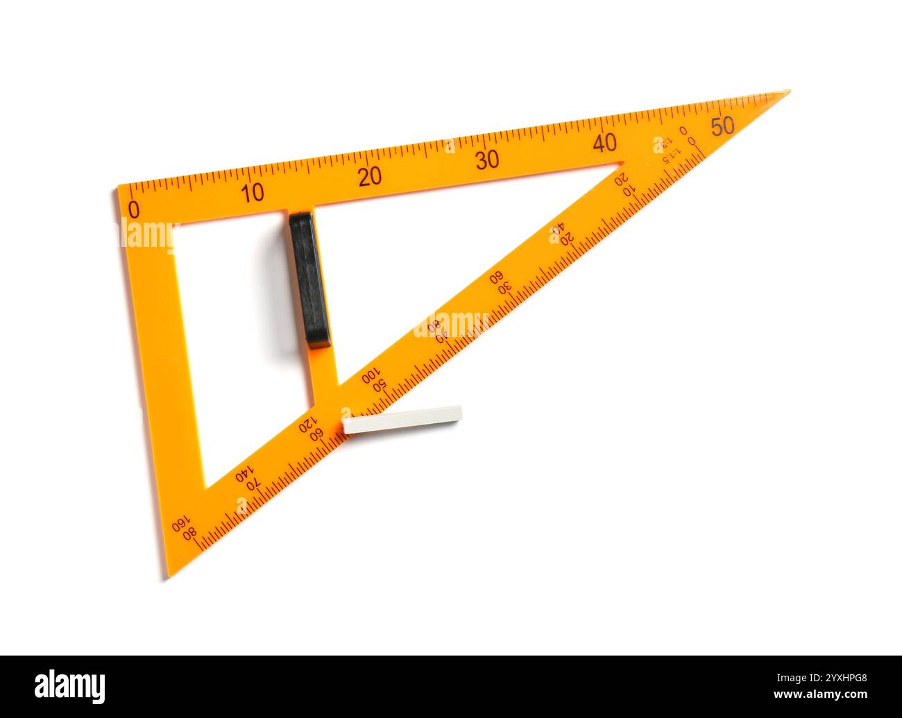Triangle ruler and chalk isolated on white, top view Stock Photo - Alamy