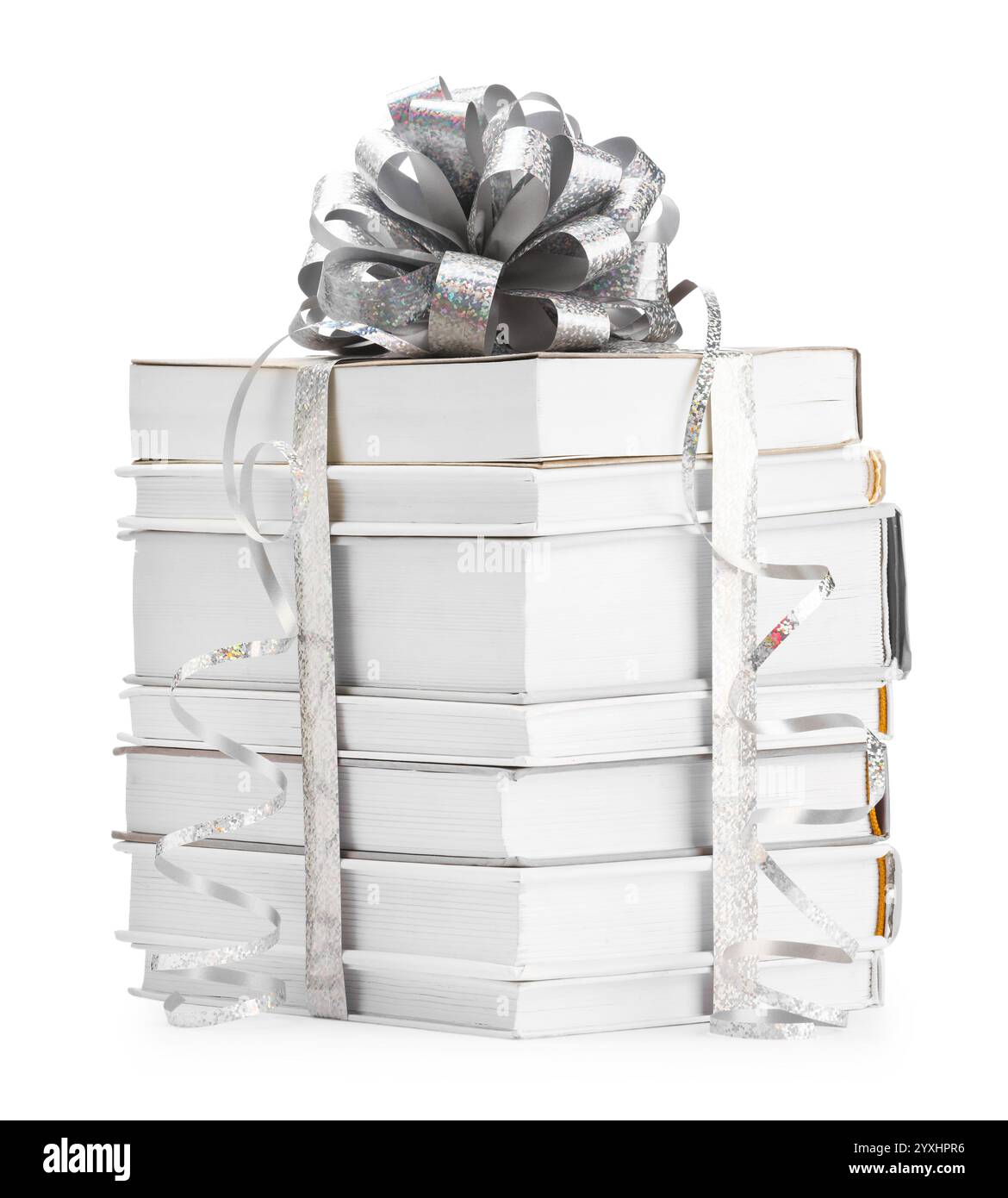 Stack of books with silver bow as gift isolated on white Stock Photo ...