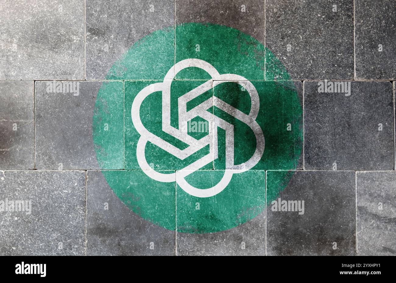 OpenAI round logo on grunge tiled wall background, artificial ...