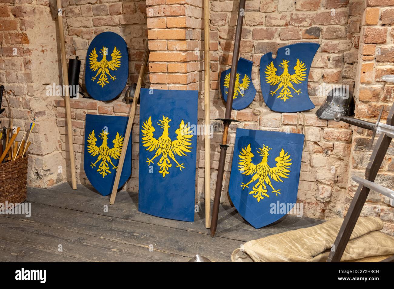Opole, Poland, medieval shields with a yellow eagle symbol of Opole ...