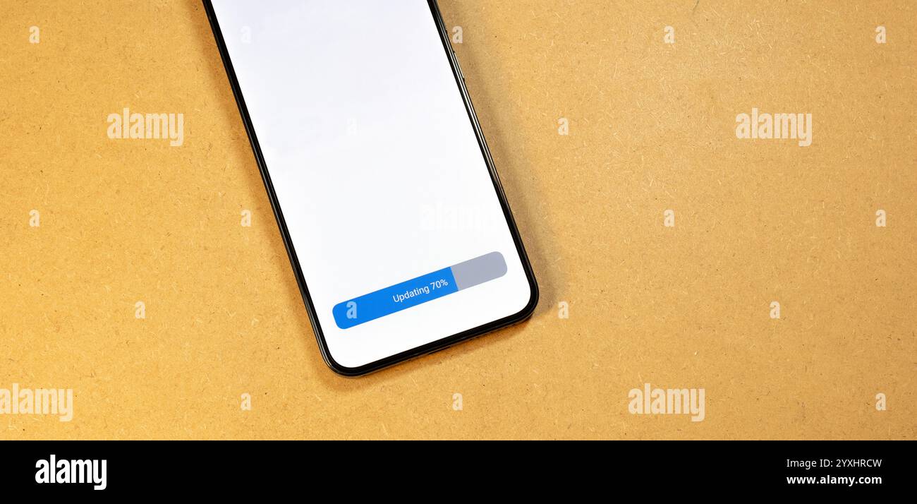 Smartphone OS update in progress, 70% completed on modern mobile device ...