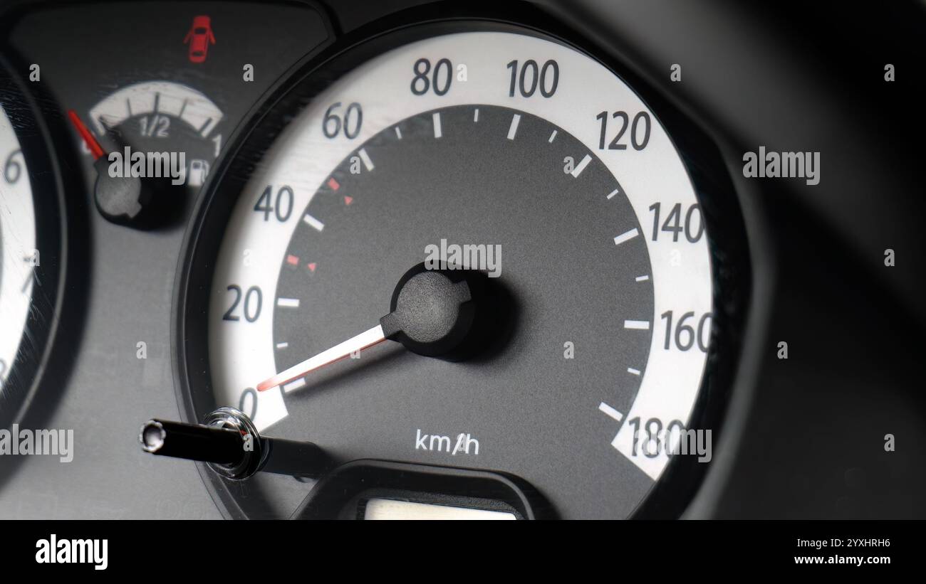 Closeup of car speedometer dashboard with speed dial in kilometers per ...