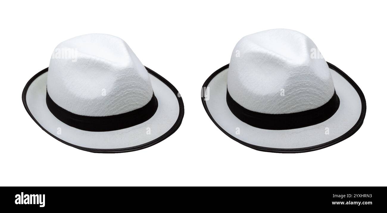 Two white fedora hats with black bands isolated on white background, cut out, elegant ...