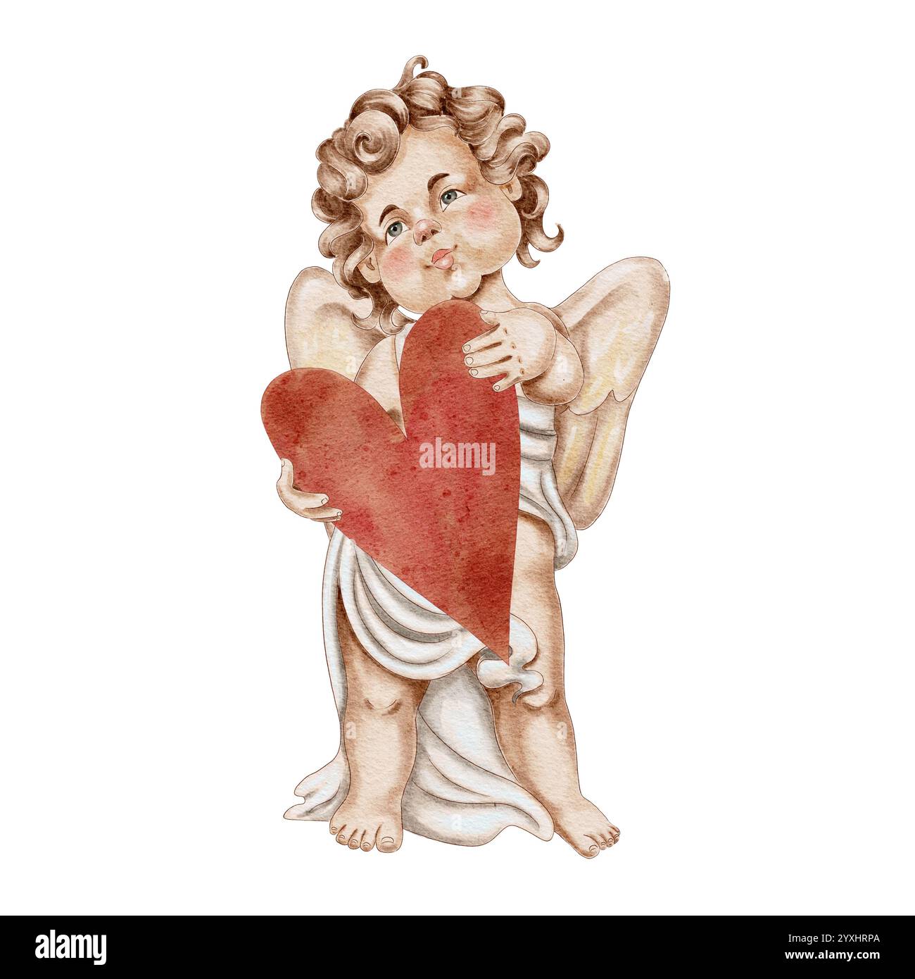 Cupid, big red heart in his hands vintage love composition on white ...