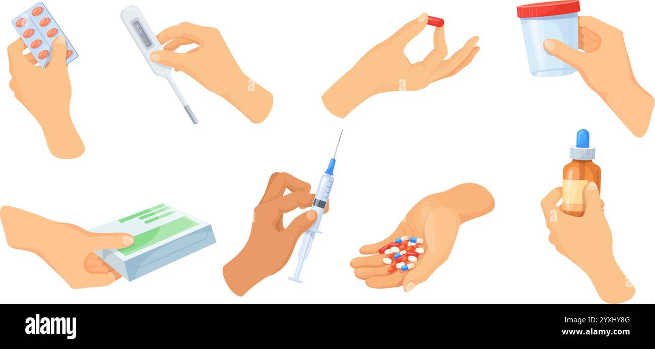 Hands hold medications. Hand giving handful capsule pills and check ...