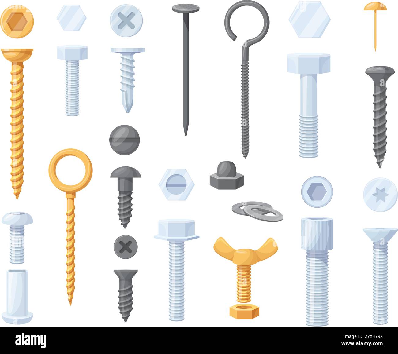 Cartoon bolts screws. Construction fasteners set, hook anchor steel ...