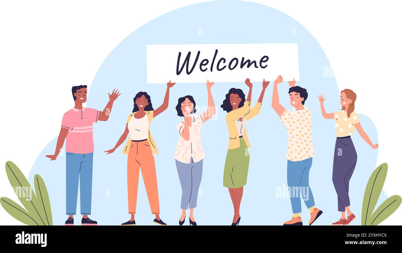 Employee team welcome. Business company or students team welcoming new member employees with ...