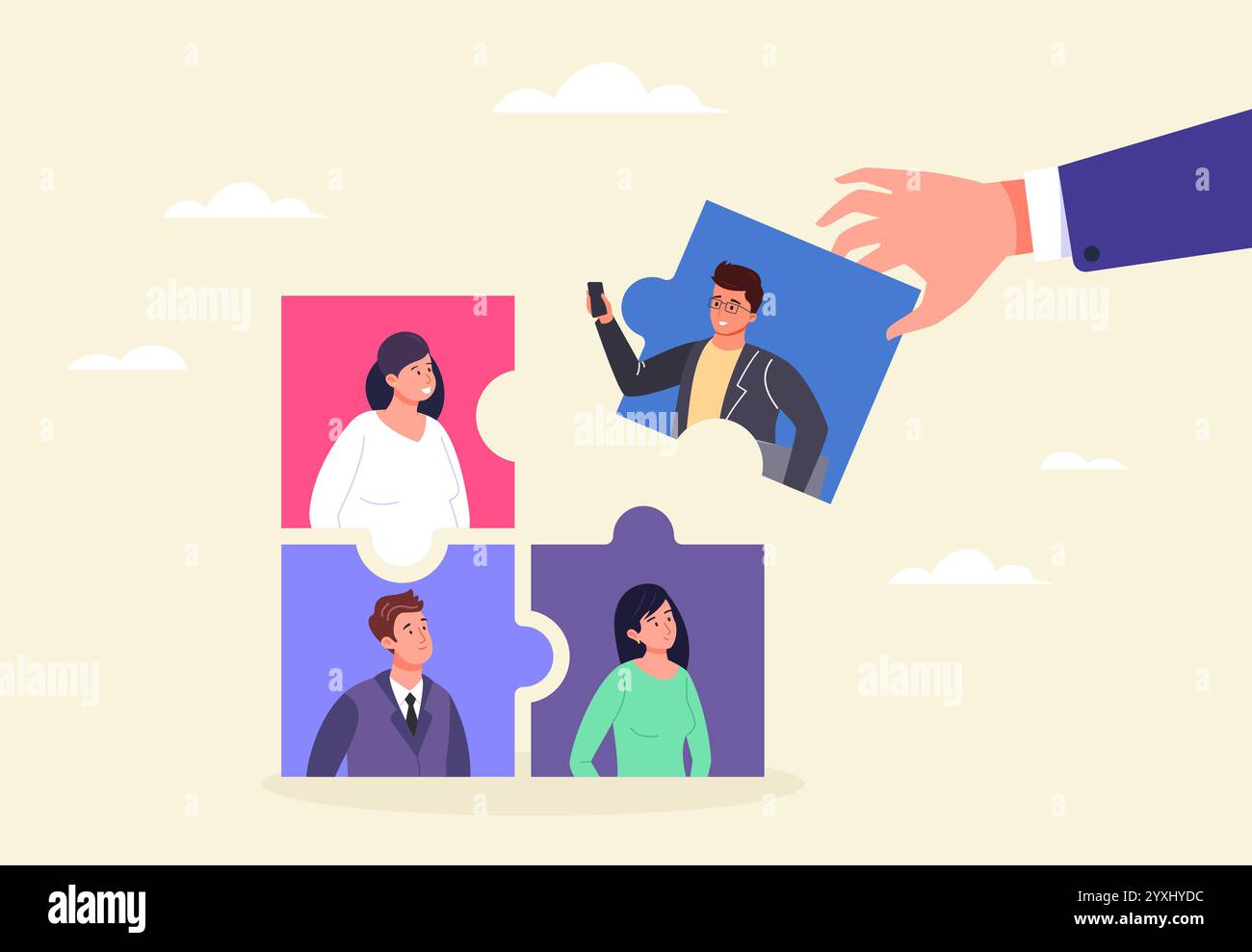 New employee puzzle. HR manager businessman leader hand join connect ...