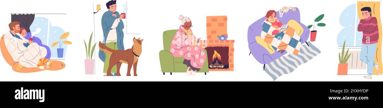 Freezing home people. Family shivering from cold in house, sick woman ...