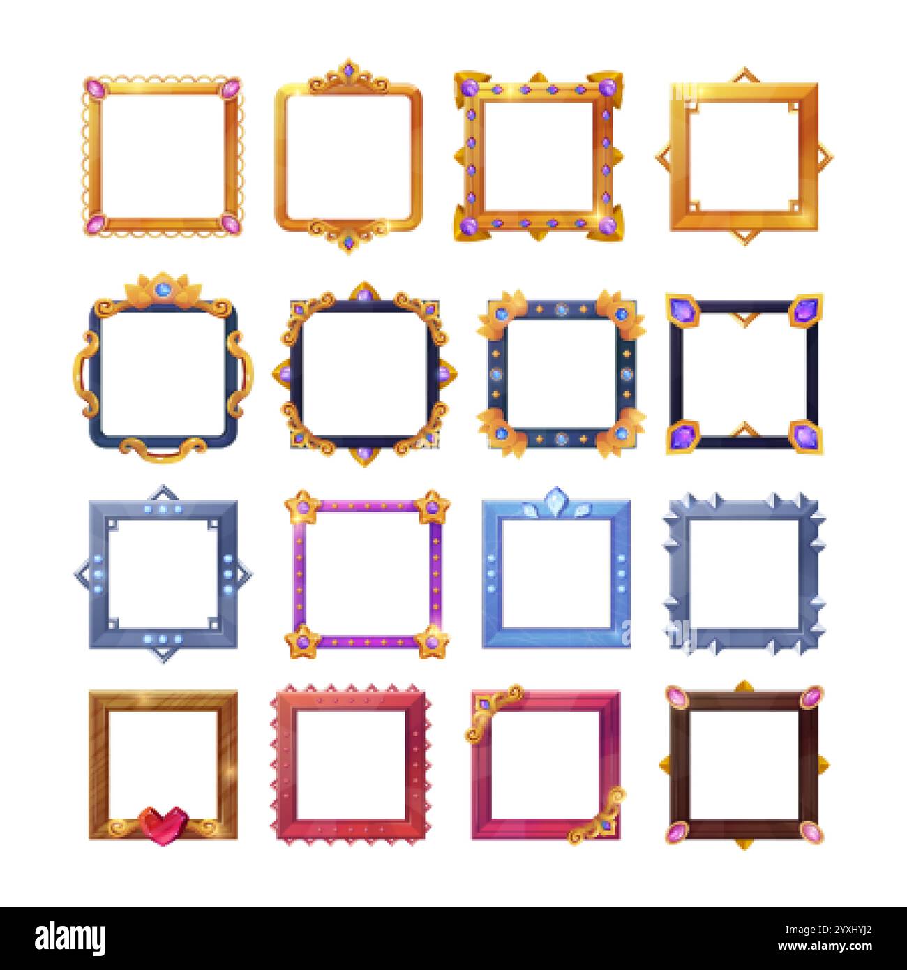 Square avatar frames. Fantasy game user avatar frame, gold silver metal ...