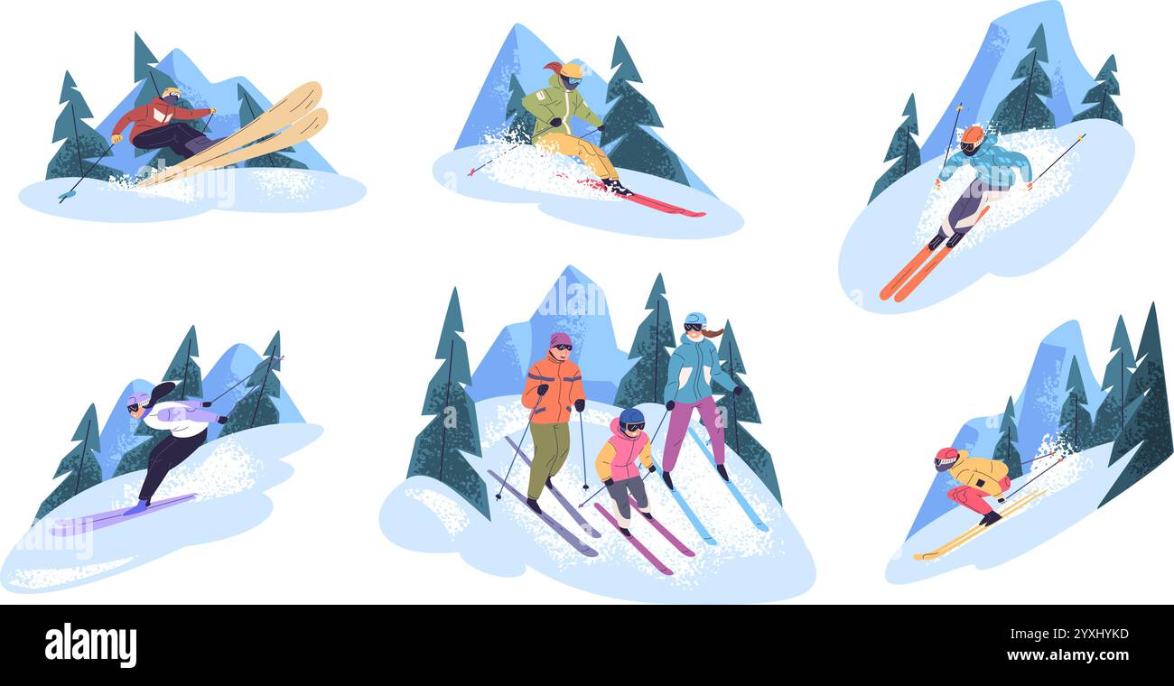 Skiers set. People ski freestyle winter sport, family skiing freeride ...