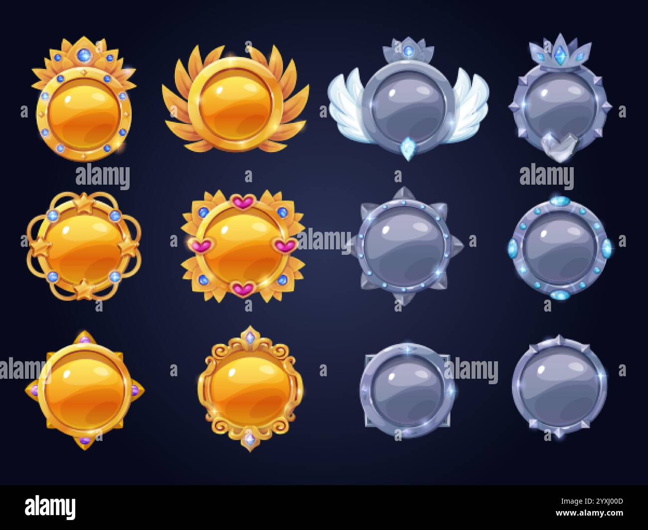 Game medal frames. Round metal buttons, user avatar level up rank ...