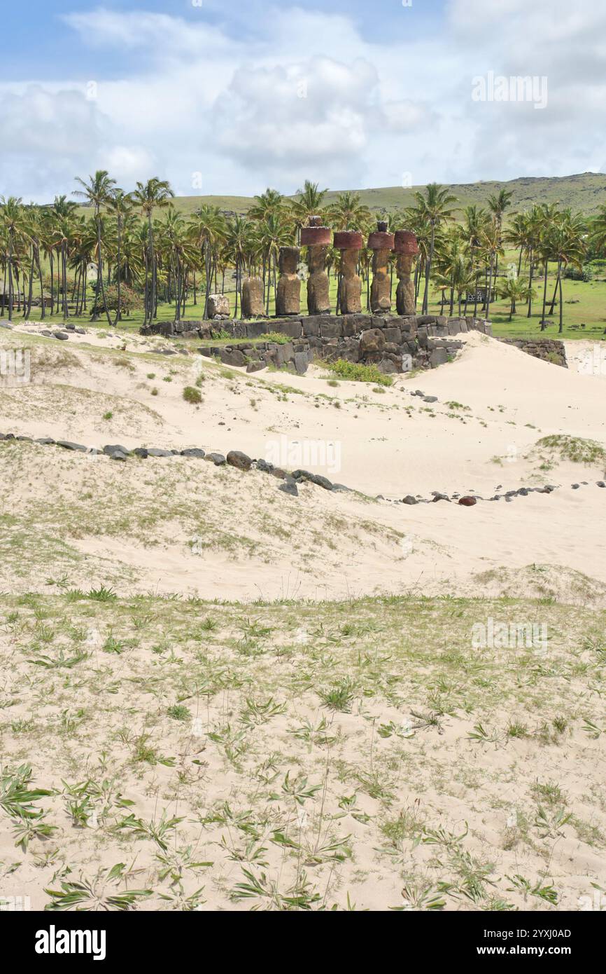 Anakena coral sand beach in Rapa Nui National Park (Easter Island) with ...