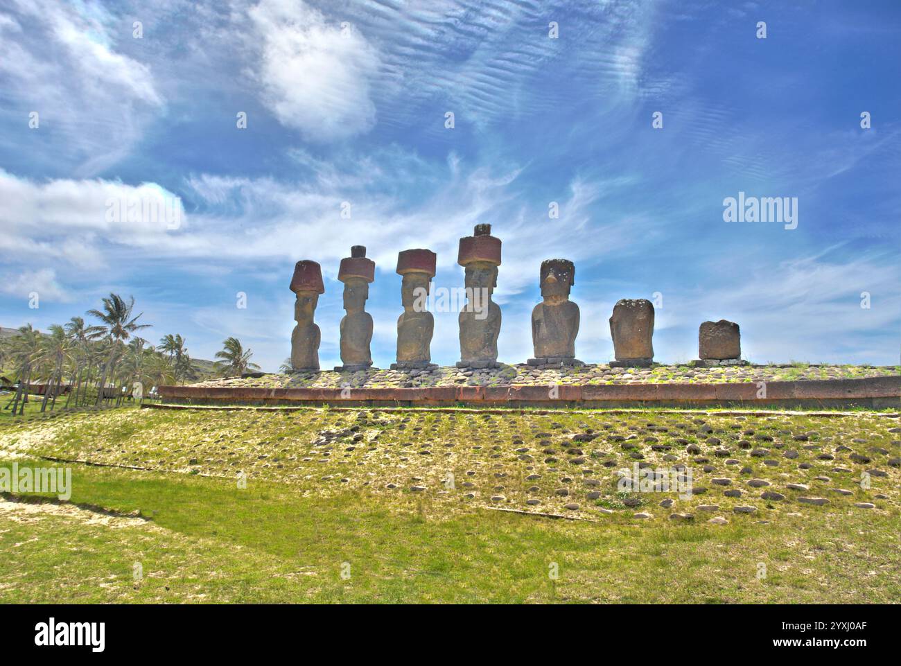 Anakena coral sand beach in Rapa Nui National Park (Easter Island) with ...