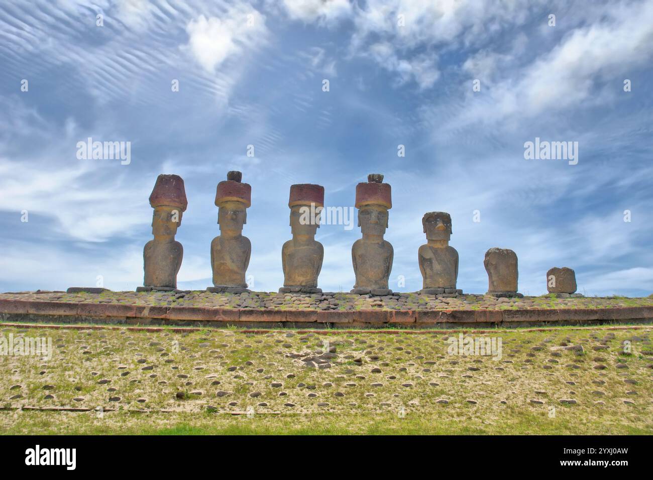 Anakena coral sand beach in Rapa Nui National Park (Easter Island) with ...