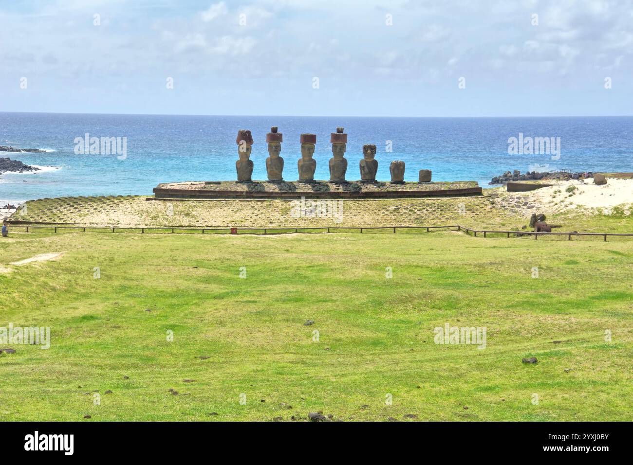 Anakena coral sand beach in Rapa Nui National Park (Easter Island) with ...