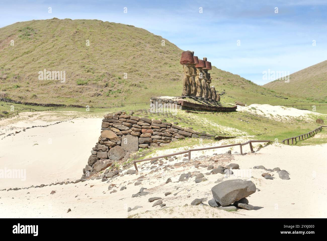 Anakena coral sand beach in Rapa Nui National Park (Easter Island) with ...
