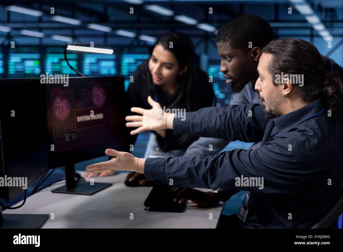 Team Of Programmers In Server Hub Facility Frightened By Hacker Passing Firewall And Stealing