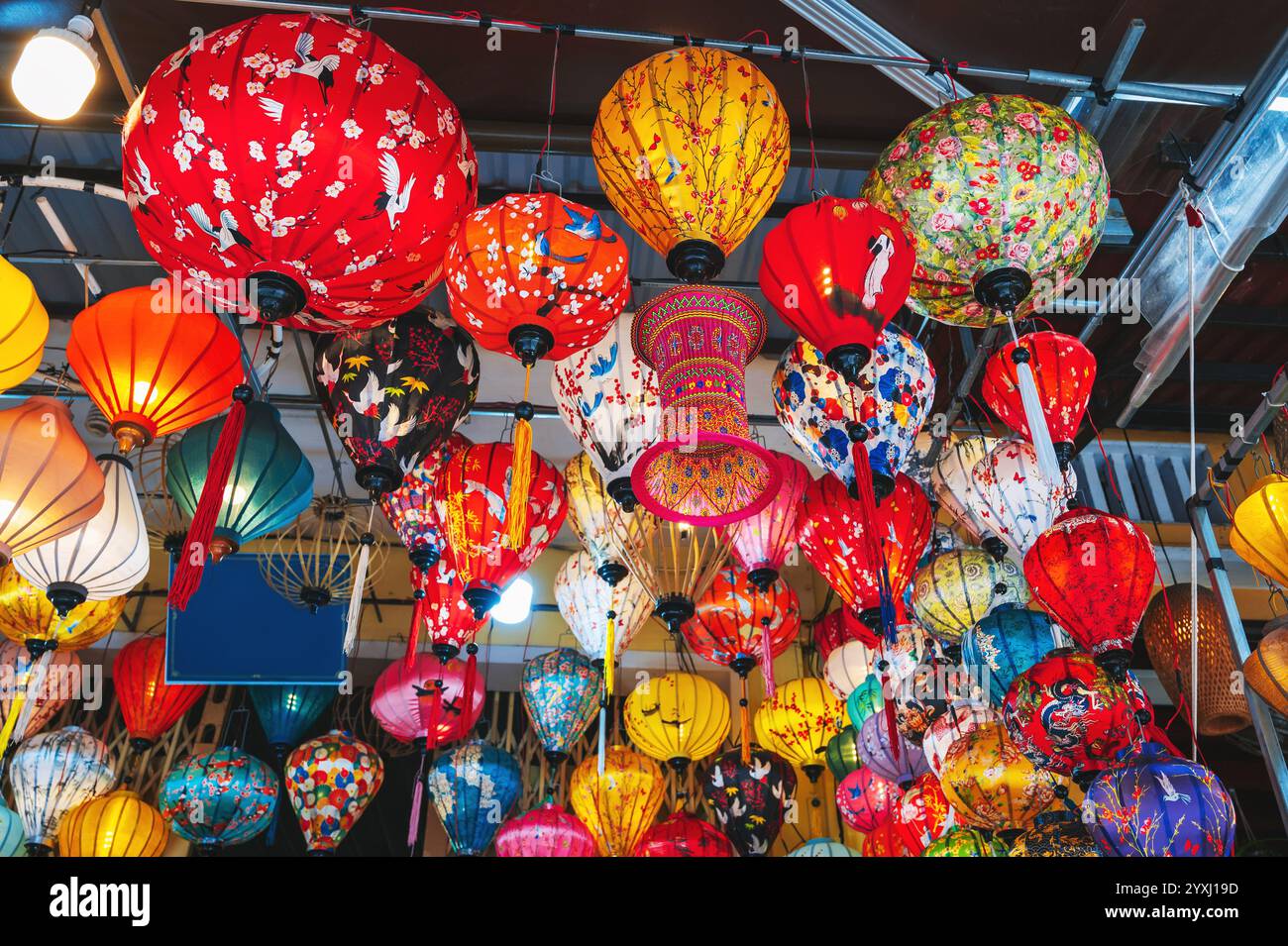 colorful Vietnamese hanging glowing silk lanterns in Vietnam in Asia in ...