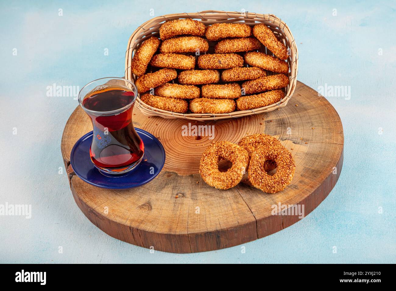 Turkish Bagel Kandil simiti with tea (stack of pastry). A savory, ring ...