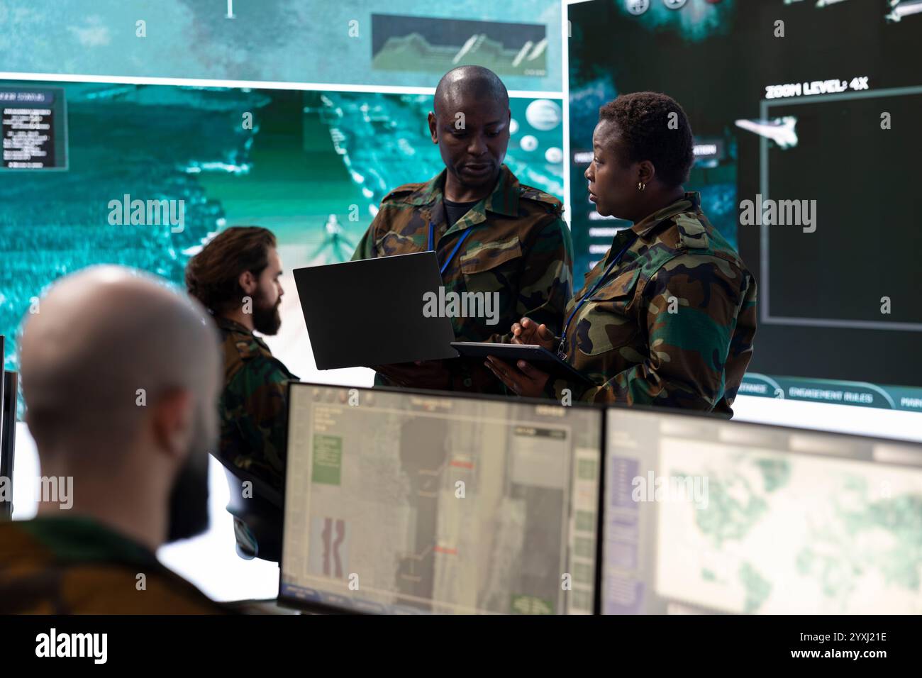 Female infantry unit soldier and new recruit discuss about mission details, gathering ...