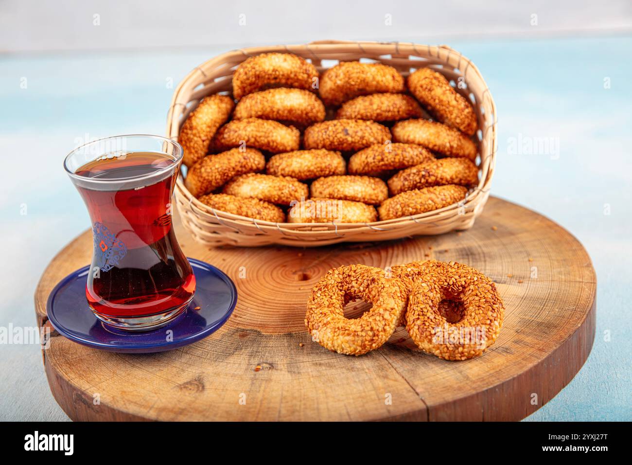 Turkish Bagel Kandil simiti with tea (stack of pastry). A savory, ring ...
