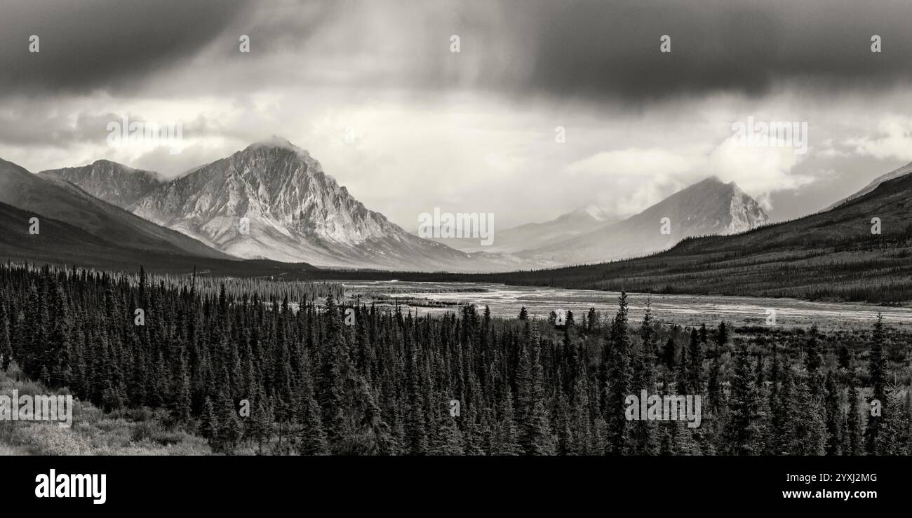 Black and white image of the Dietrich River Valley flanked by Mt Dillon ...