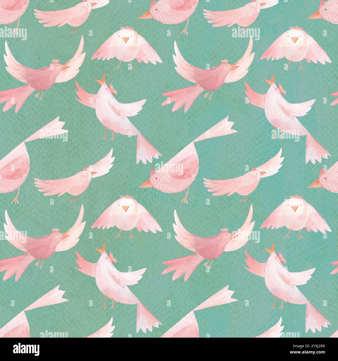 Pink birds flying, singing, cartoon character, hand painted watercolor ...