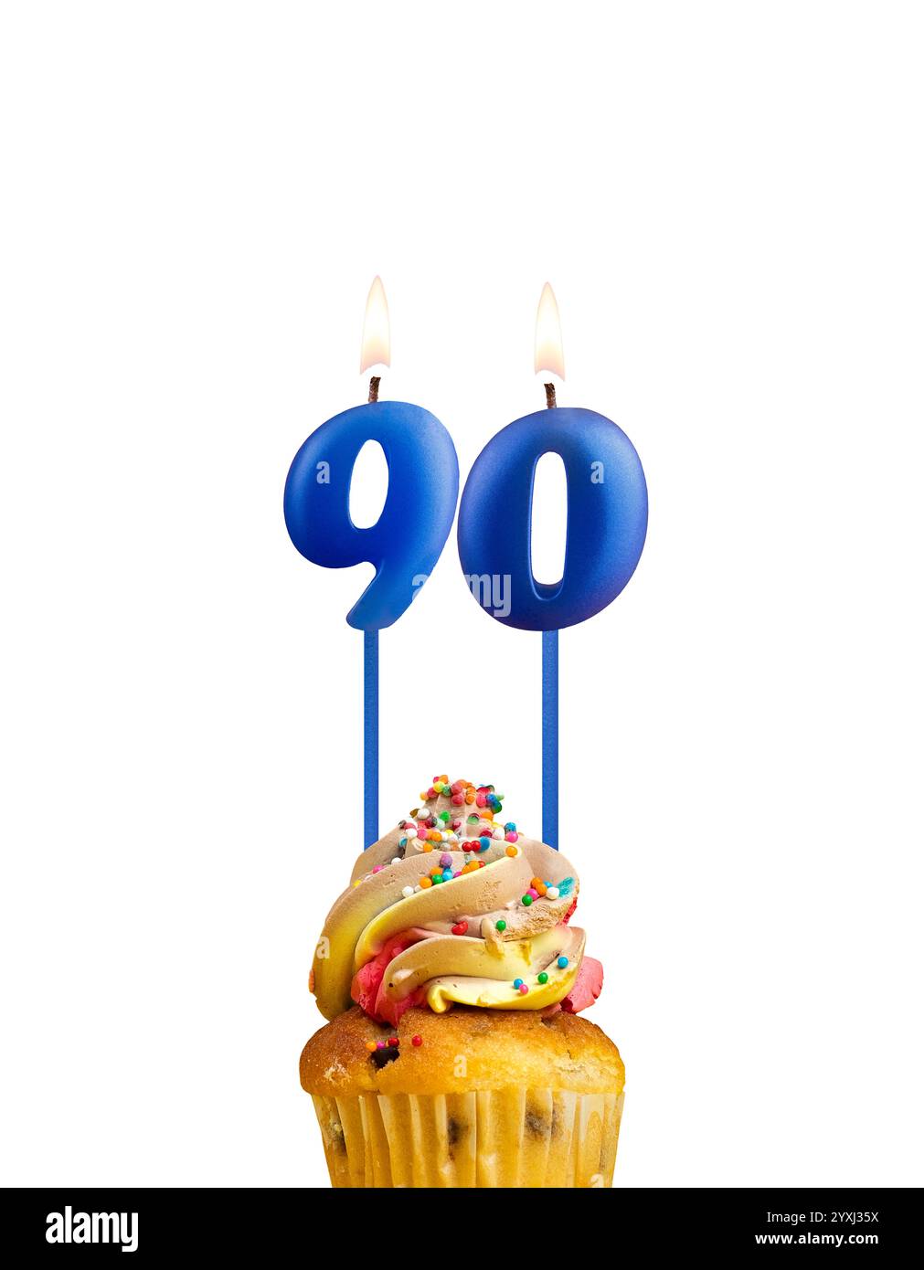 Candle in shape of the number 90 - Blue birthday on a white background ...