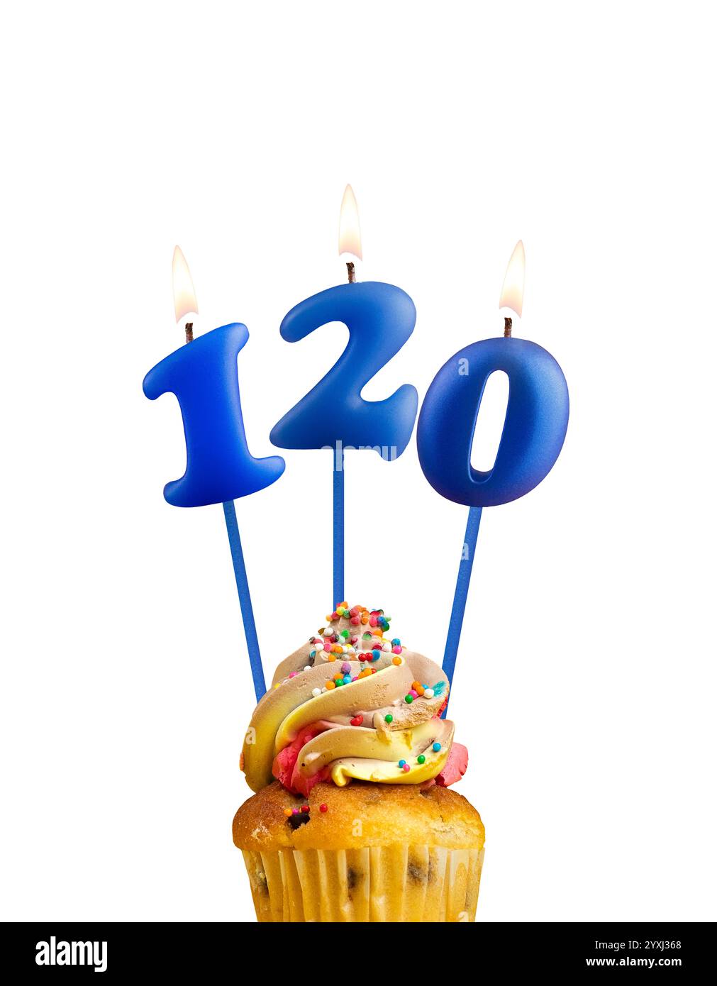 Candle in shape of the number 120 - Blue birthday on a white background ...