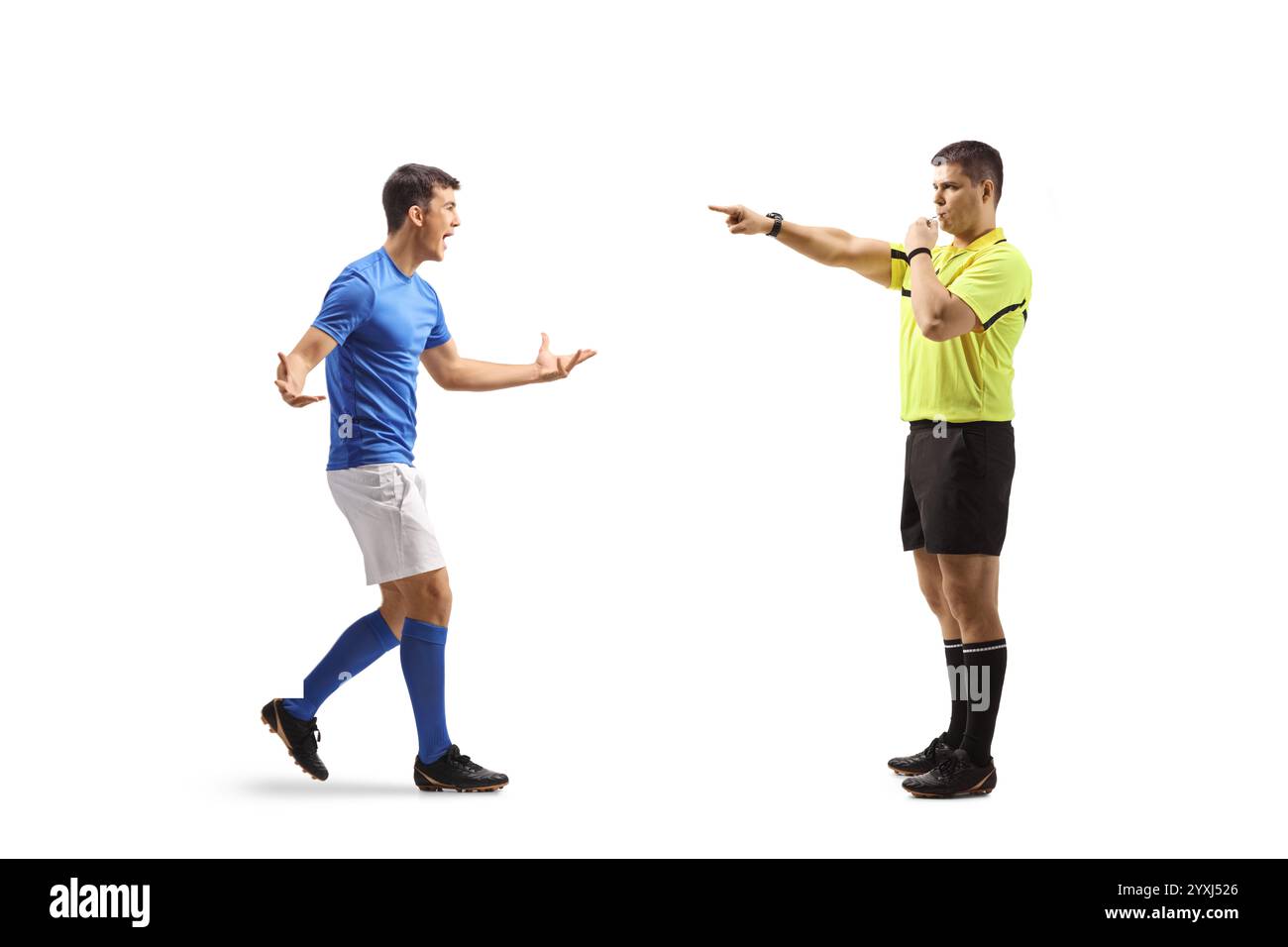 Football player walking towards a referee with a whistle isolated on ...