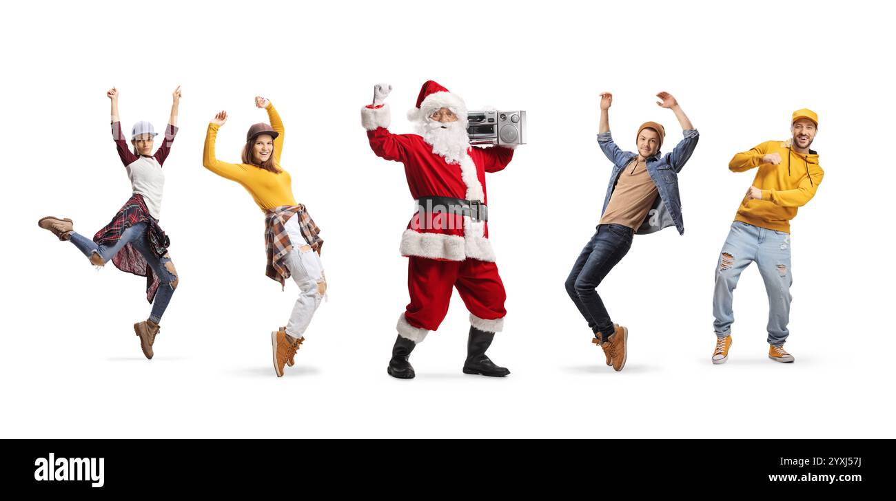 Santa claus holding a boombox radio on shoulder and dancing with young ...
