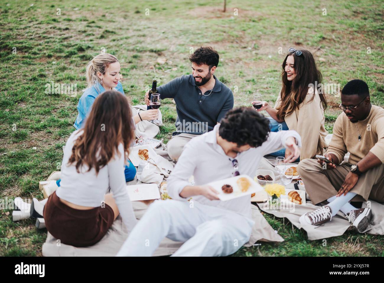 Multiracial friends sharing a delightful picnic in a grassy field Stock ...
