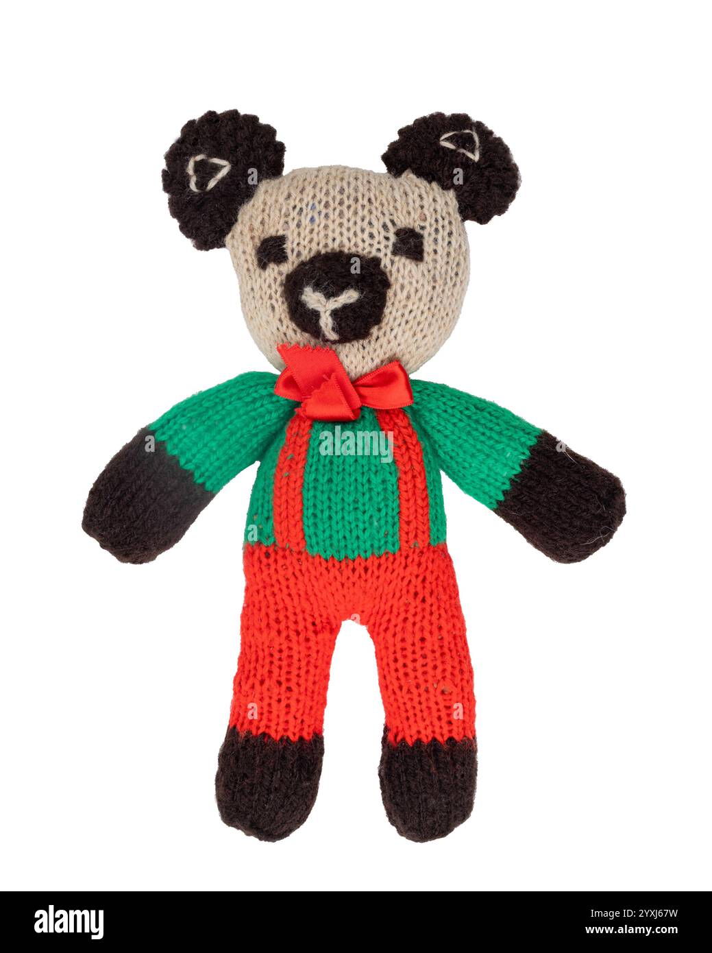 Handmade Knitted Teddy Bear Toy with Red Bow Stock Photo - Alamy