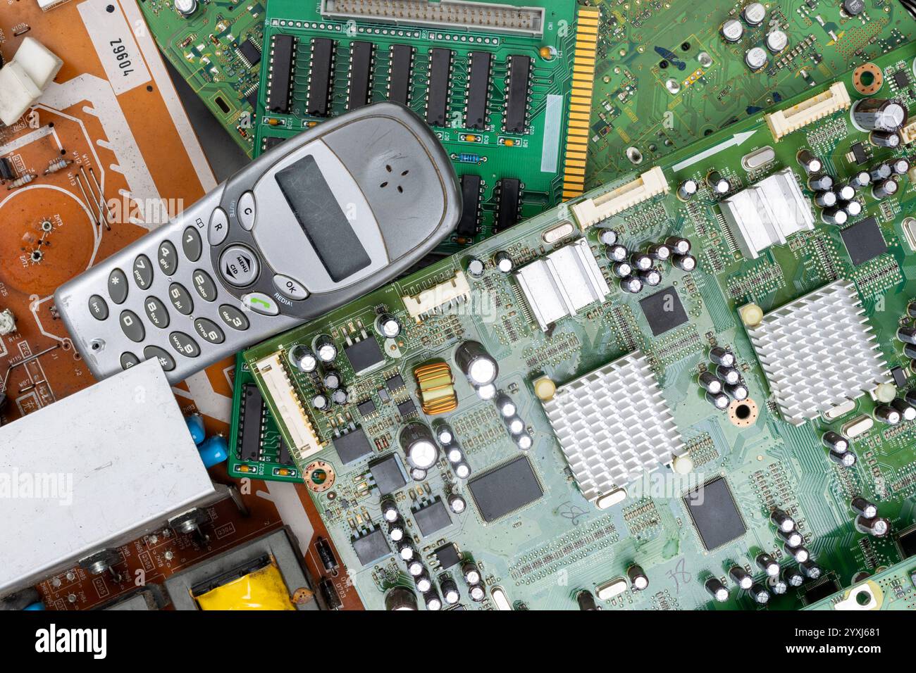 Electronic Waste with Old Mobile Phone and Circuit Boards Stock Photo ...