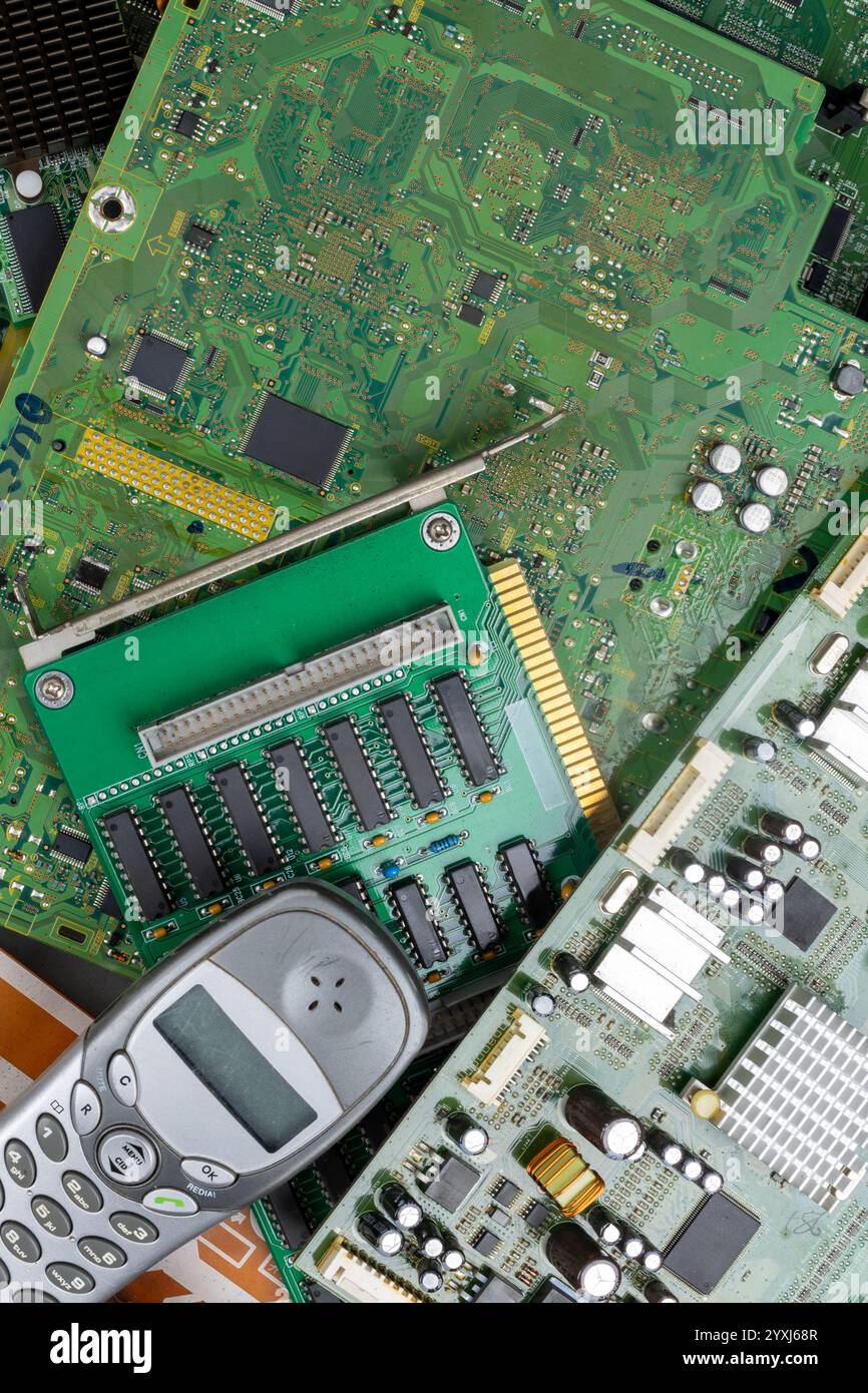 Top-Down View of Circuit Boards and Discarded Mobile Phone Stock Photo ...